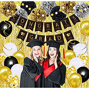 2022 Graduation Decorations, Graduation Decor Black and Gold, Graduation Banner, Hanging Swirls, Paper Pom Poms Flowers, Photo Backdrop, Graduation Party Supplies 2022