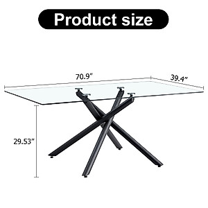 JBFF 71" Large 6-8, Modern 0.39" Tempered Glass Top Black Metal Pedestal Base, Easy Assemble, Mid-Century Rectangle Dinner Table for Dining, Living Room, Kitchen, Office