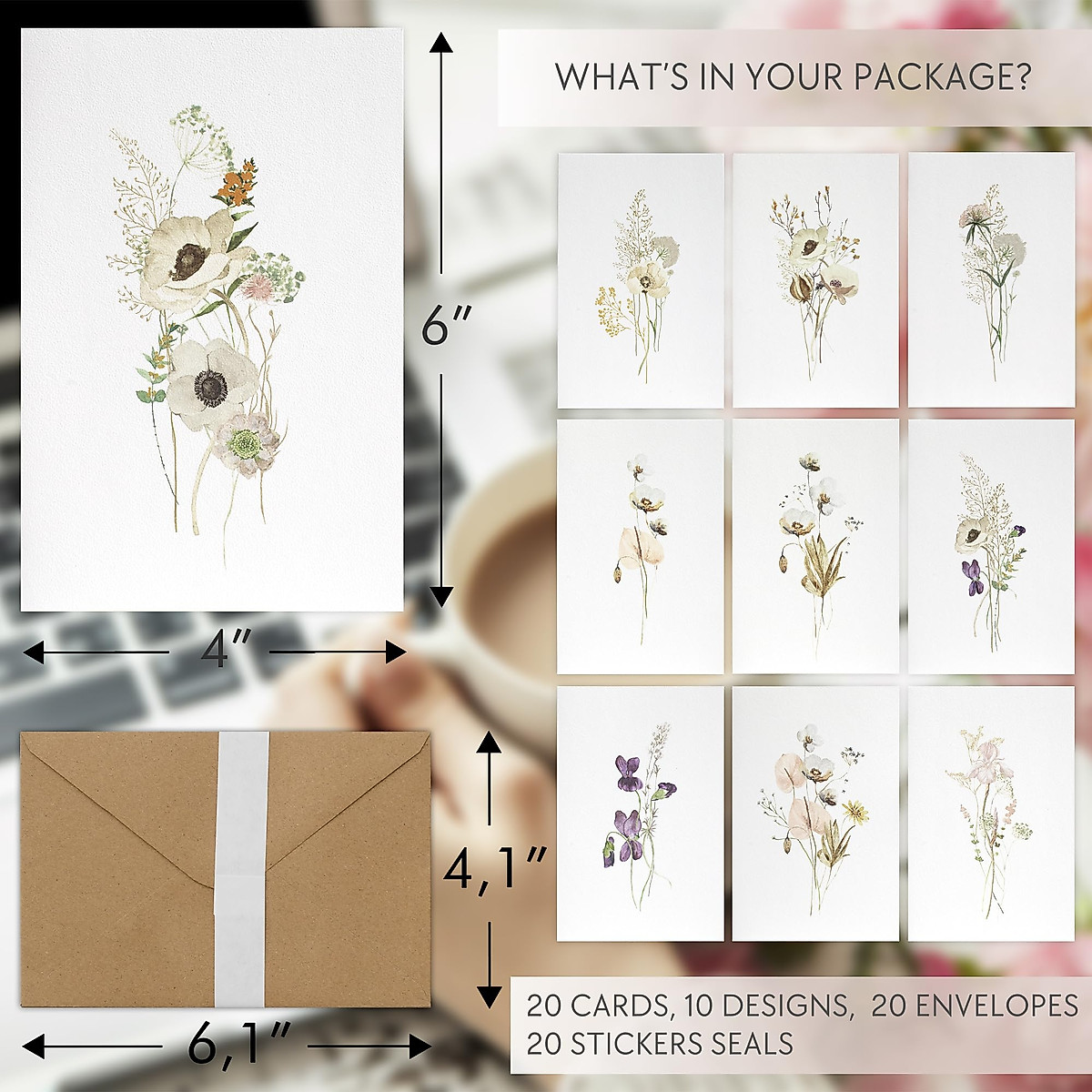 KIBAGA Beautiful Greetings Cards Set of 20 with Envelopes & Stickers - Tasteful Assorted Get Well Blank Note Cards 4x6 in Flower Artwork Design - Perfect Stationary Set For All Occasions