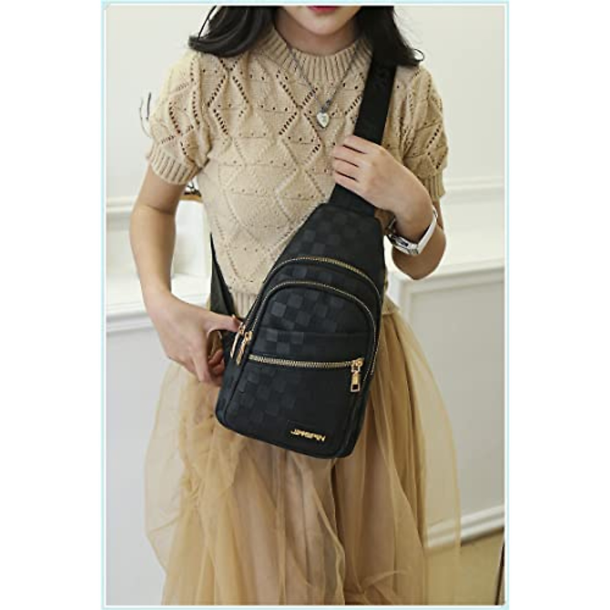 OANEXX Chest Sling Bag Women Crossbody Shoulder Sling Backpack Checkered Chest Fanny Daypack Adjustable (Black-1)