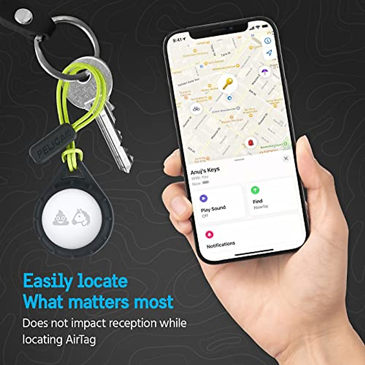 Pelican Protector AirTag Holder - AirTag Keychain w/ Rugged Strap Loop [Impact Resistant] [Travel Essentials] - Protective Apple AirTag Case for Dog Collar, Backpack ,Keys ,Luggage -Black/Yellow