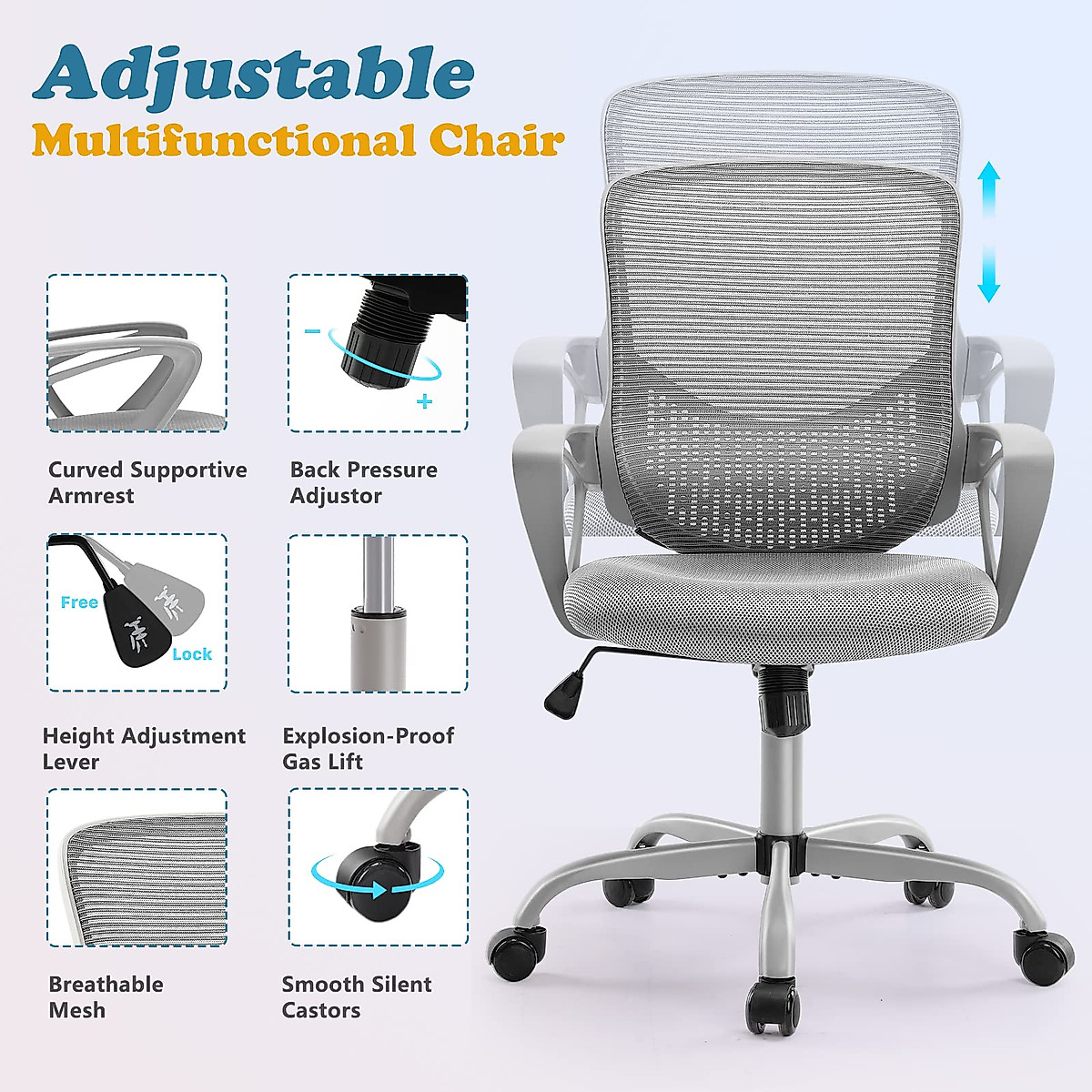 Ergonomic Office Chair - Home Desk Mesh Chair with Fixed Armrest, Executive Computer Chair with Soft Foam Seat Cushion and Lumbar Support, Grey