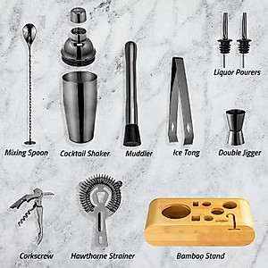 VG Cocktail Shaker Set Bartender kit with Stand, Cocktail Kit Bar Tools Set for Drink Mixer, Bar Cart Accessories for The Home Bar Set (Black)