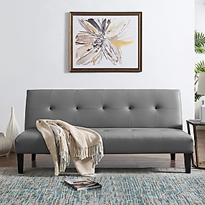 Naomi Home Gray Faux Leather Futon Sofa Bed, Modern Convertible Sofa with Wooden Legs, Reclining Small Couch Bed, Durable and Sturdy, 66'D x 32'W x 31'H