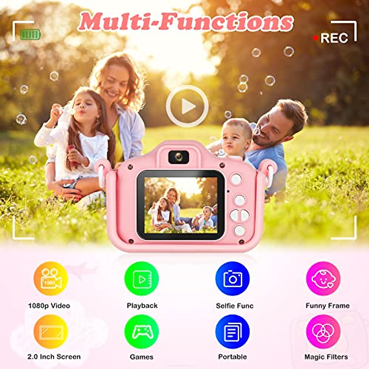 Kids Camera,HD Digital Video Camera with Protective Silicone Cover, Children Toys for 3 4 5 6 7 8 9 Year Old Boys/Girls,Selfie Camera for Kids,3-12 Year Old Birthday Gifts with 32GB SD Card