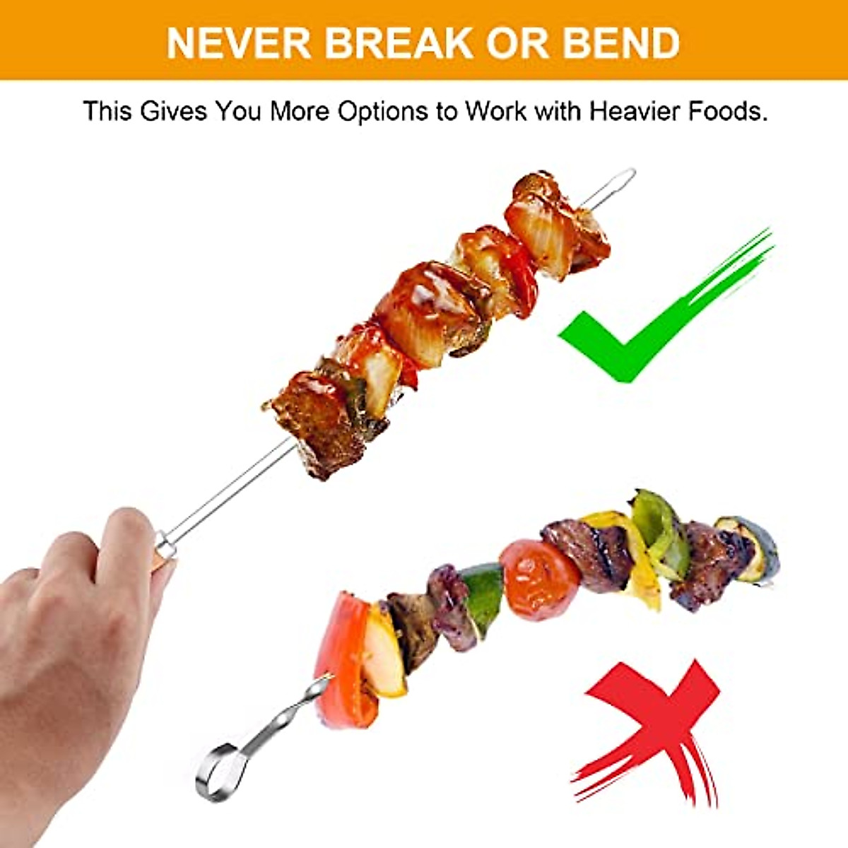 Metal Skewers for grilling 8 PCS, Stainless Steel BBQ Sticks with Wooden Handle 16 inch Kabob Skewer with Campfire Roasting Bag (Wooden)