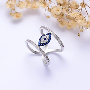 PEIMKO Evil Eye Ring Spiritual Turkish Double Band Ring Size7/8/9 Sterling Silver Blue Evil Eye Rings Round Evil Eye Ring Greek Evil Eye Protection Ring for Women(9)