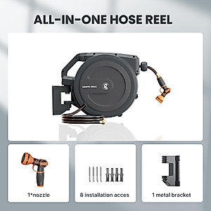 Giraffe Tools PRO Hose Reel 1/2" x 78 ft with Metal Bracket, Heavy Duty, Any Length Lock Garden Hose Reel for Patio, 78 ft, Dark Grey