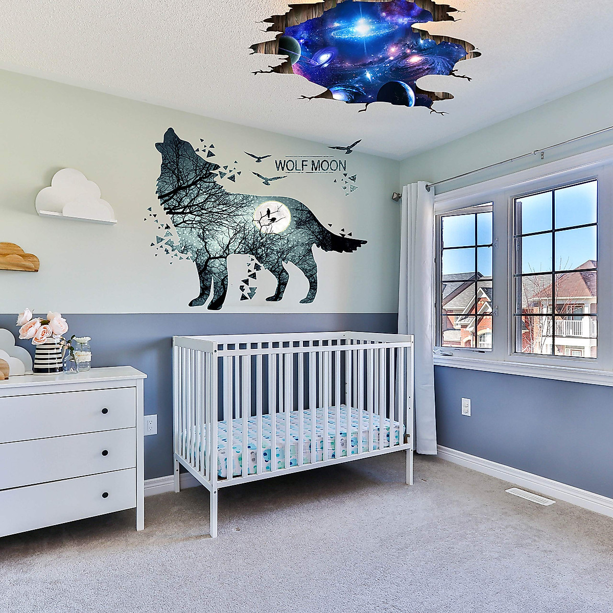 AMODA 3D Galaxy Outer Space Wall Decor,Self-Adhesive Wolf and Moon Sofa Backdrop TV Background Wall Decors,Creative Broken Wall Art Mural for Teen Bedroom Living Room Nursery Playroom