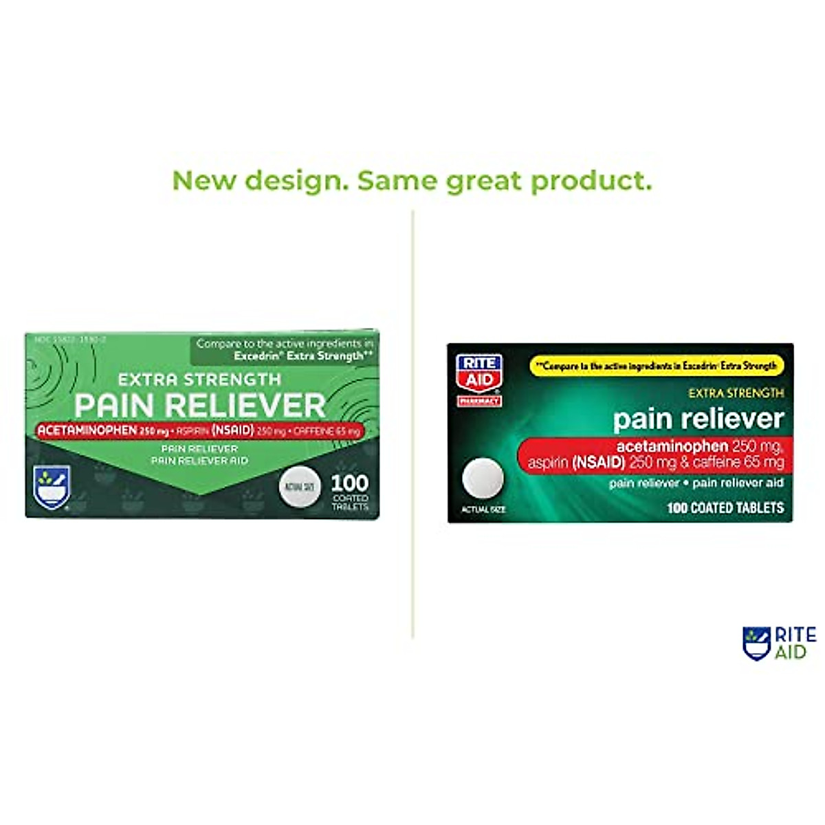 Rite Aid Extra Strength Pain Reliever, Acetaminophen 250mg, Aspirin 250mg, Caffeine 65mg – 100 Tablets | Pain Reliever / Fever Reducer | NSAID Anti-Inflammatory | Migraine Relief Products