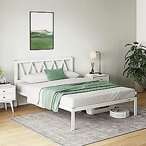 Novilla 14 Inch Queen Size Bed Frame with Headboard, Platform Bed Frame No Box Spring Needed, Metal Queen Bed Frame with Storage Space, Wooden Slats Support, Easy Assembly, White