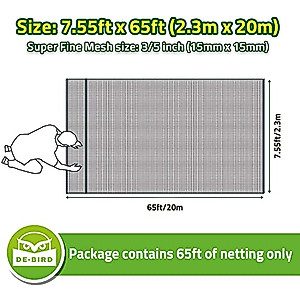 De-Bird Garden Fencing 7.5 x 65 ft Heavy Duty Bird Netting for Garden Protection Plastic Fence - Deer Fence Garden Netting Pest Barrier, Rabbit Fence, Flower Bed Fencing, Garden Fence Animal Barrier