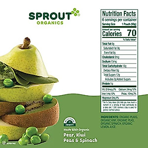Sprout Organic Baby Food, Stage 2 Pouches, Fruit & Veggie Blend, Pear Kiwi Peas & Spinach, 3.5 Oz Purees (Pack of 12)