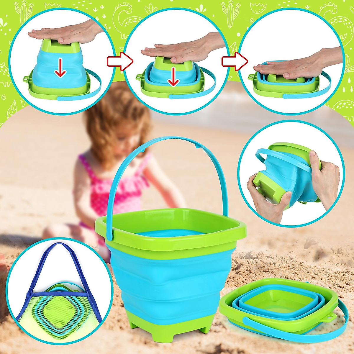 Lehoo Castle Beach Sand Toys, Sandbox Toys with Collapsible Sand Buckets and Shovels for Kids, Included Dinosaur Sand Molds, Mesh Bag, Watering Can, Summer Outdoor Toys for Boys Girls