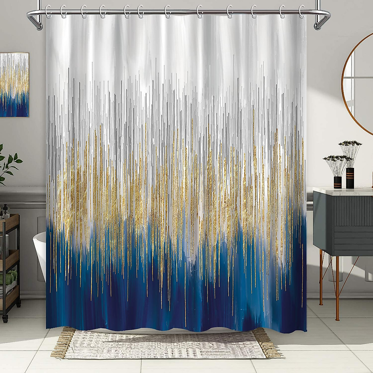Ouyisha Blue and Gray Ombre Shower Curtain Navy Gold Modern Abstract Shower Curtains for Bathroom Contemporary Oil Painting Striped Fabric Shower Curtain Set Waterproof with Hooks, 72" X 72"