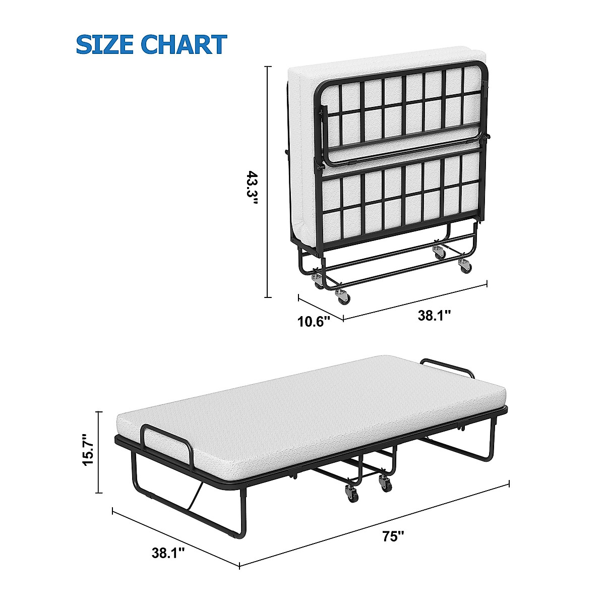Ferlizer Folding Bed with Mattress for Adults, [Twin] Rollaway Bed with Mattress - 4" Memory Foam & Sturdy Metal Structure - 75" x 38", Black
