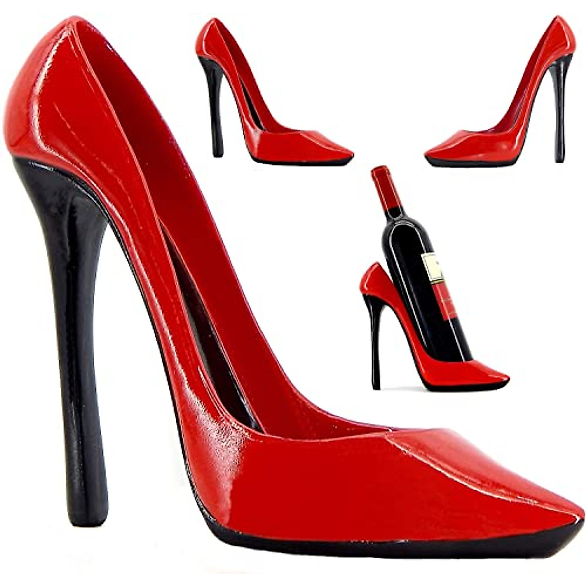 Bellaa 21381 Wine Bottle Holder Shoe Red Black High Heel Shaped Stiletto 8 Inch Tall