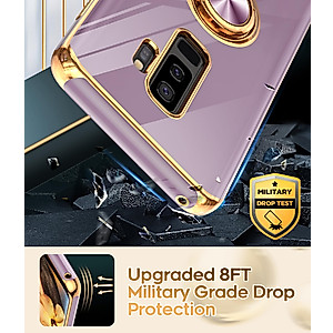 LeYi for Galaxy S9 Plus Phone Case: 360° Rotatable Ring Holder Magnetic Kickstand [ Not Applicable Samsung S9 ], Plating Rose Gold Edge Protective Case, Purple