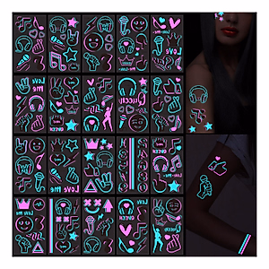 20-Sheet Glow in the Dark temporary tattoos 160+ Styles Adult Fluorescent UV Neon body glitter & Face Waterproof fake tattoo Stickers for Men & Women - Ideal for Rave, Festival Party Supplies