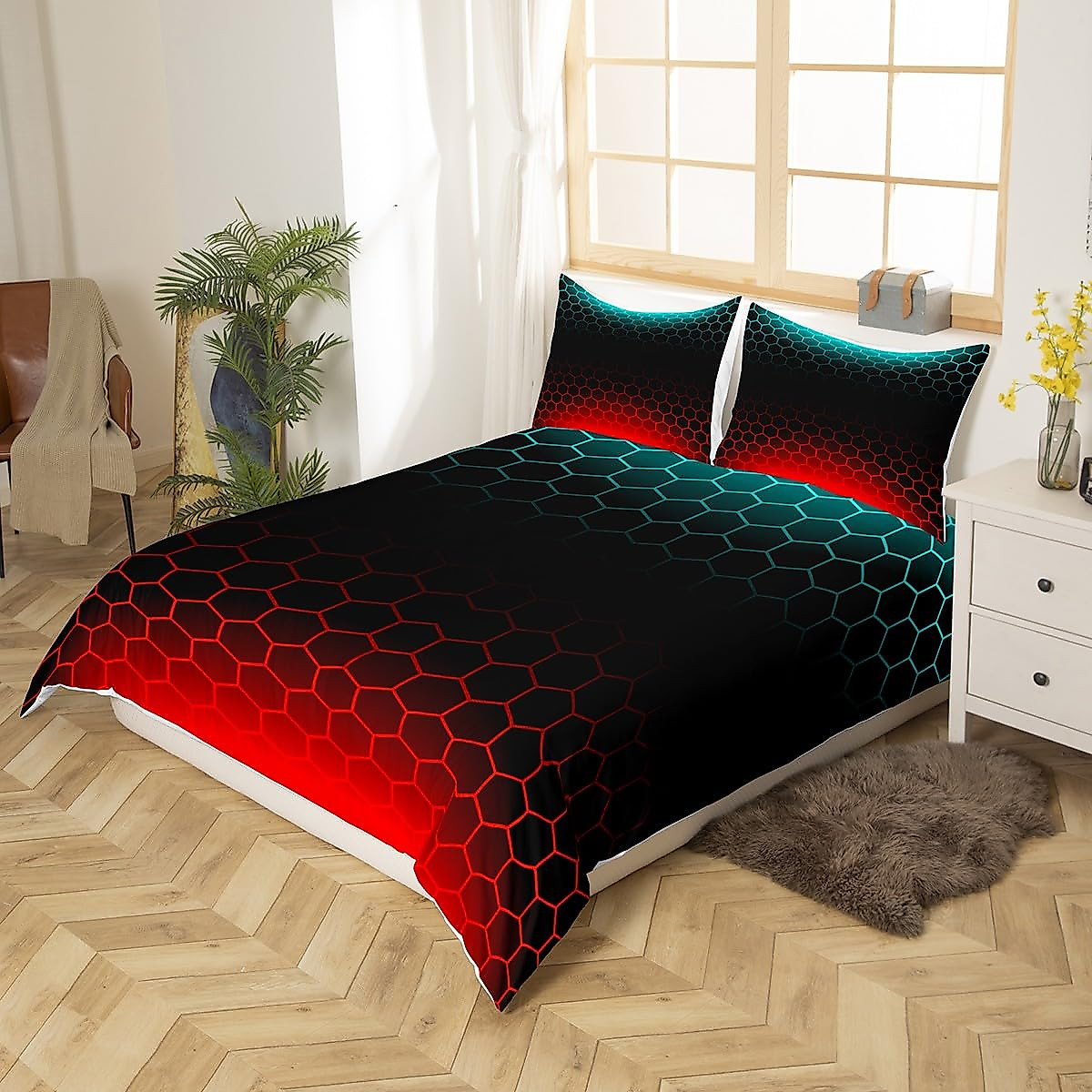 Red Blue Ombre Duvet Cover Full, Geometric Honeycomb Bedding Set Abstract Ombre Honeycomb Comforter Cover Beehive Hexagon Bedspread Cover Bed Set with 2 Pillow Case (No Comforter)
