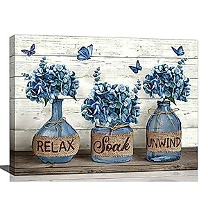 Farmhouse Bathroom Decor Wall Art Blue Hydrangea Bathroom Pictures for Wall Rustic Country Bathroom Canvas Prints Bathroom Sign Artwork Modern Home Decor for Bathroom Framed Ready to Hang 12"x16"