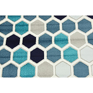 Unique Loom Metro Collection Abstract Multicolored Geometric Hexagon Area Rug, 4 ft x 6 ft, Ivory/Blue