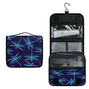 Omhonmi Hanging Toiletry Bag for Women Summer Dragonfly Pattern,Waterproof Makeup Pouch,Portable Cosmetic Bag,Travel Bag with Hanging Hook for Woman Man Travel Accessories