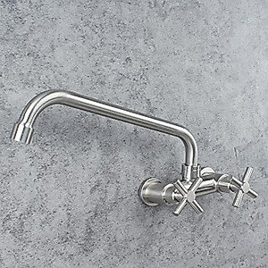 UMANYI Commercial Kitchen Faucets Wall Mount 4 inch Center Stainless Steel Brushed Nickel Utility Laundry Sink Faucet RV Faucet with 11 Inch Spout 2 Handle SSKF09-3C