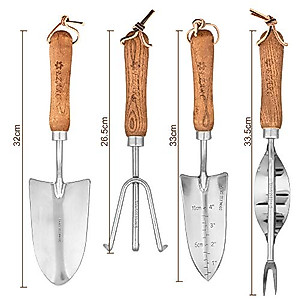 EZARC Garden Tool Set, 4 Piece Stainless Steel Heavy Duty Gardening Tools with Wooden Handle, Gardening Kit Include Hand Shovel, Trowel, Garden Rake, Hand Weeder
