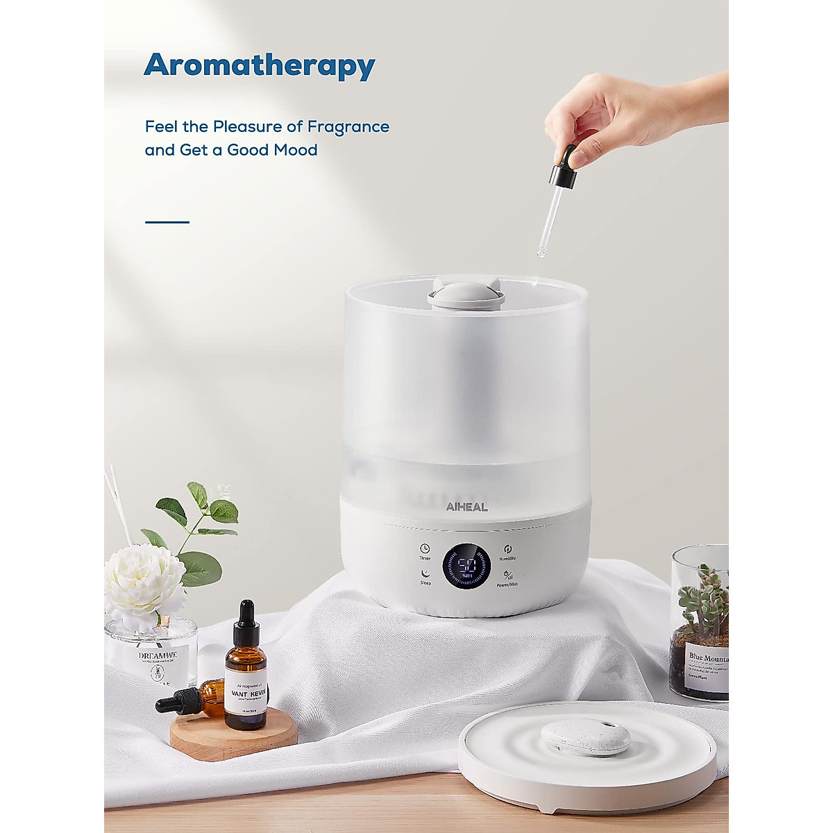 Aiheal Humidifiers for Bedroom Large Room, 4.5L Top Fill Cool Mist Ultrasonic Humidifier for Plants and Baby, Lasts 37 Hours, Timer, Auto Shut Off, Super Quiet, Sleep Mode, White