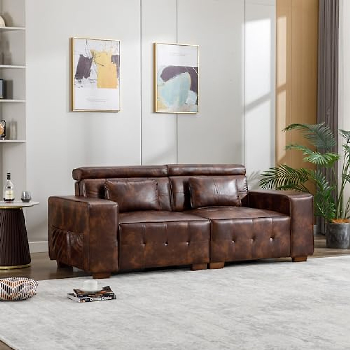 Oprisen 82”Modern Loveseat Sofa Couch for Livingroom Comfy PU Leather Loveseat Couch w/Adjust Headrest, Tufted Button Deep Seat Futon Set w/Wide Arm/Pillows for Apartment (PU-Brown)