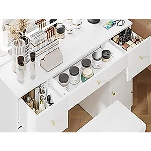 ClouDDwell Makeup Vanity Desk with Large Mirror and LED Lights, 3 Lighting Modes and Power Outlet. Makeup Vanity with 3 Drawers,2 Cabinets and Chair, Stool with Storage, for Bedroom, White, 1 Case