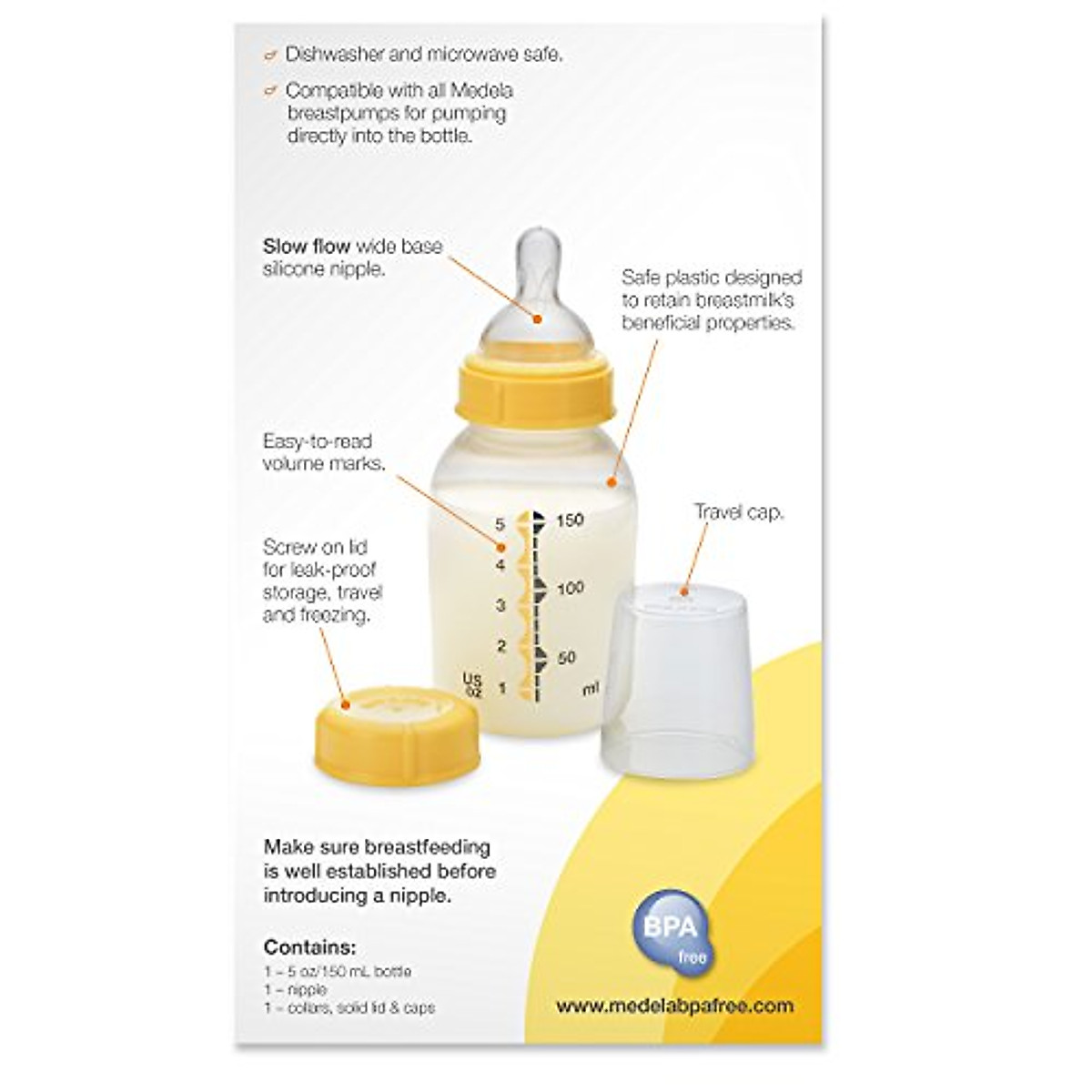 Medela Breast Milk Storage Bottle, 5 Ounce Breastfeeding Bottle, Made Without BPA, Safe for Dishwashers and Microwaves