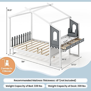 KOMFOTT Full House Bed with Desk, Wood Montessori Bed Frame with House Roof Canopy, 2 Drawers, Modern Playhouse Bed with Fence for Kids, Teens, Girls & Boys, No Box Spring Needed, White & Gray