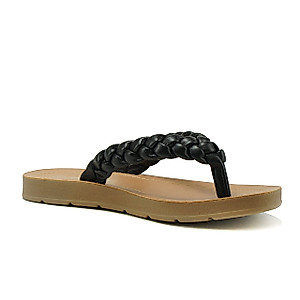 Soda STILL ~ Women Casual Comfort Braided Flip Flops Flat Fashion Thong Sandal (10, BLACK PU, numeric_10)