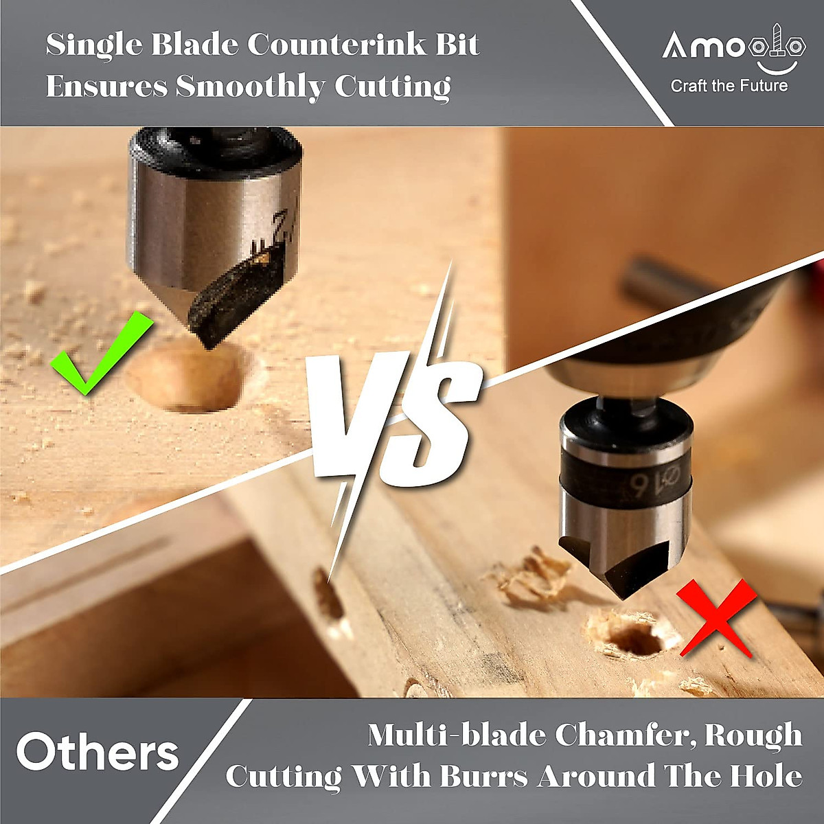 amoolo Countersink Drill Bit Set 4pcs (1/4”-1/2”), Countersink Bits for Wood, Hex-Shank Quick Change 82 Degree Counter Sinker Drill Bit for Woodworking, Fiberboard, Plywood, Plastic, PVC