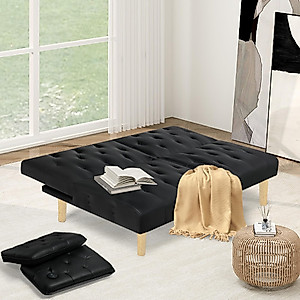 TYBOATLE 65“ Sofa Bed w/ 2 USB,Convertible Futon Tufted Small Adjustable Folding Couch Loveseat, Modern Mid Century Faux Leather Sleeper Sofa for Living Room,Bedroom,Apartment,Office (Black) (Black)