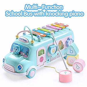 EFOSHM Intellectual School Bus Baby Toy, Piano Music Bus Toys Toddler for 1-3 Years,Shape Puzzles Knocking Piano Educational Musical Toys Gifts for 1 Year Old Boy and Girl Christmas Birthday