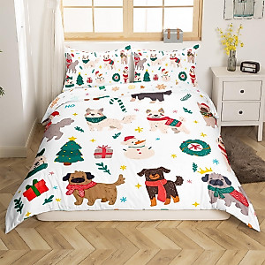 Erosebridal Merry Christmas Comforter Cover Twin Size Cartoon Dog Duvet Cover for Teens Kids Boys Room Decor Xmas Tree Snowman Bedding Set Cute Pug Puppy Animal Quilt Cover with 1 Pillow Case