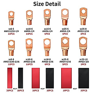 IBosins 150Pcs Copper Battery Terminal Connectors, AWG 2 4 6 8 10 12 Cable Ends Wire Lugs Assortment Kit, 70pcs Ring Teminal with 80pcs Heat Shrink Tubing