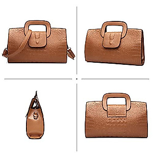 ZLMBAGUS Women Vintage Flap Tote Top Handle Satchel Handbags PU Leather Clutch Purse Alligator Print Casual Messenger Shoulder Crossbody Bag Z-Brown