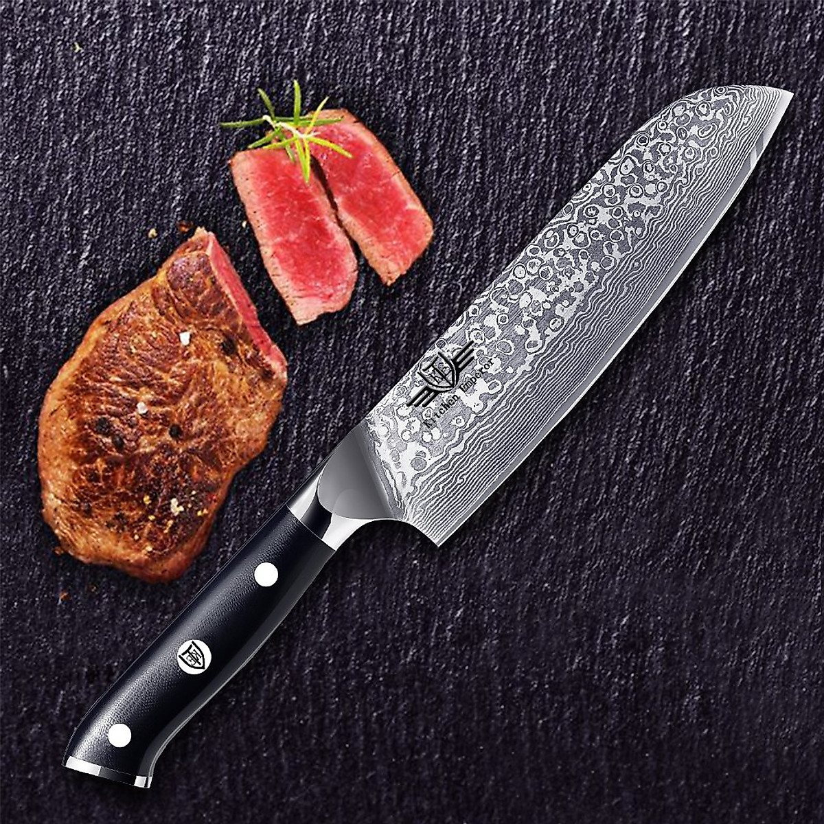 Kitchen Emperor Santoku Knife, Damascus Kitchen Knife, Professional Chef Knife with Comfortable G10 Handle Full Tang