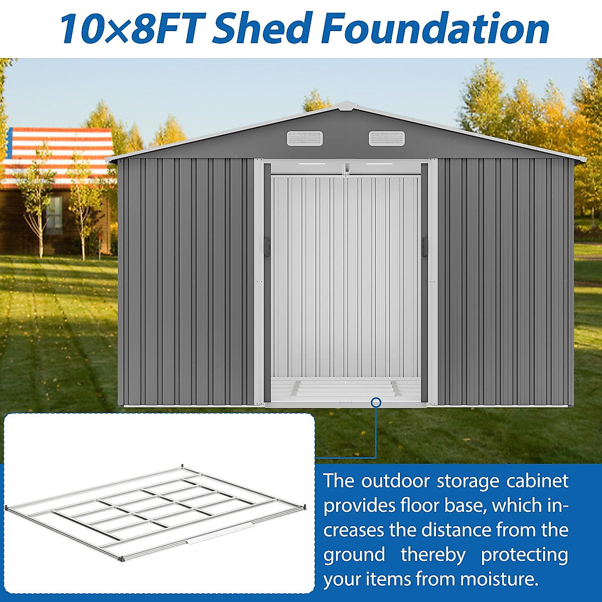 Lifeand 10’x 8’ Outdoor Storage Shed, All Weather Metal Sheds with Metal Foundation & Lockable Doors, Tool Shed for Garden, Backyard, Front Yard, Lawn, Patio, Grey