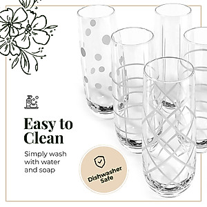 Fifth Avenue Crystal Medallion Stemless Champagne Flutes, Durable Glass, Mimosa, Cocktail Glasses Set, Prosecco Wine Flute, Bar Glassware, Toasting Wedding Glasses, Set of 6, Etched Patterns, 9.5oz
