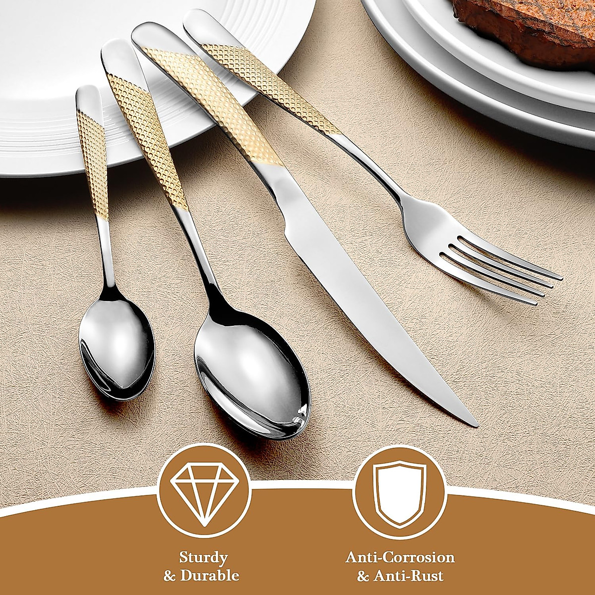 24 Piece Gold Hammered Silverware Set for 6, Premium Food-grade Stainless Steel Flatware Set, Luxury Design & Mirror Polished Cutlery Set, Eating Utensil Set with Fork Knife Spoon, Dishwasher Safe