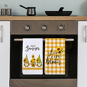 AnyDesign Sunflower Dish Towel 18x28 Inch Spring Summer Tea Towel Orange White Buffalo Plaids Flower Dishcloth Hello Sunshine Gnome Decorative Hand Towel for Bathroom Cooking, 4Pcs, A0196