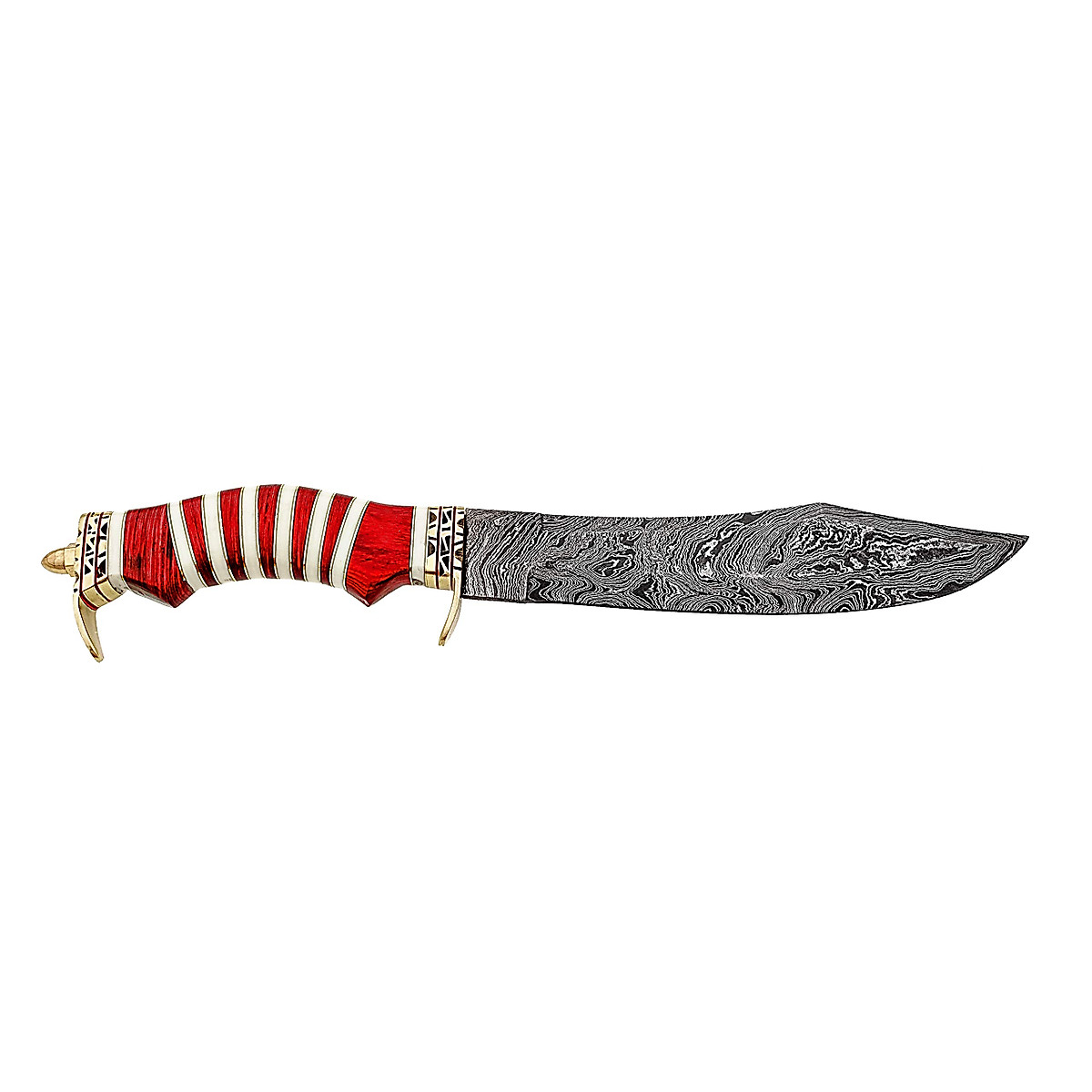 Damascus Steel Hunting Knife - Fixed Blade Knives with Sheath - Handle Combination of Walnut Wood and Camel Bone with Brass Spacer (RW)