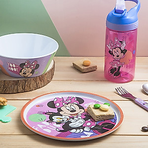 zak! 5-Piece Dinnerware Set, Disney Minnie Mouse - Durable Plastic & Stainless Steel - Includes Water Bottle, 8-Inch Plate, 6-Inch Bowl, Fork & Spoon - Suitable for Kids Ages 3+