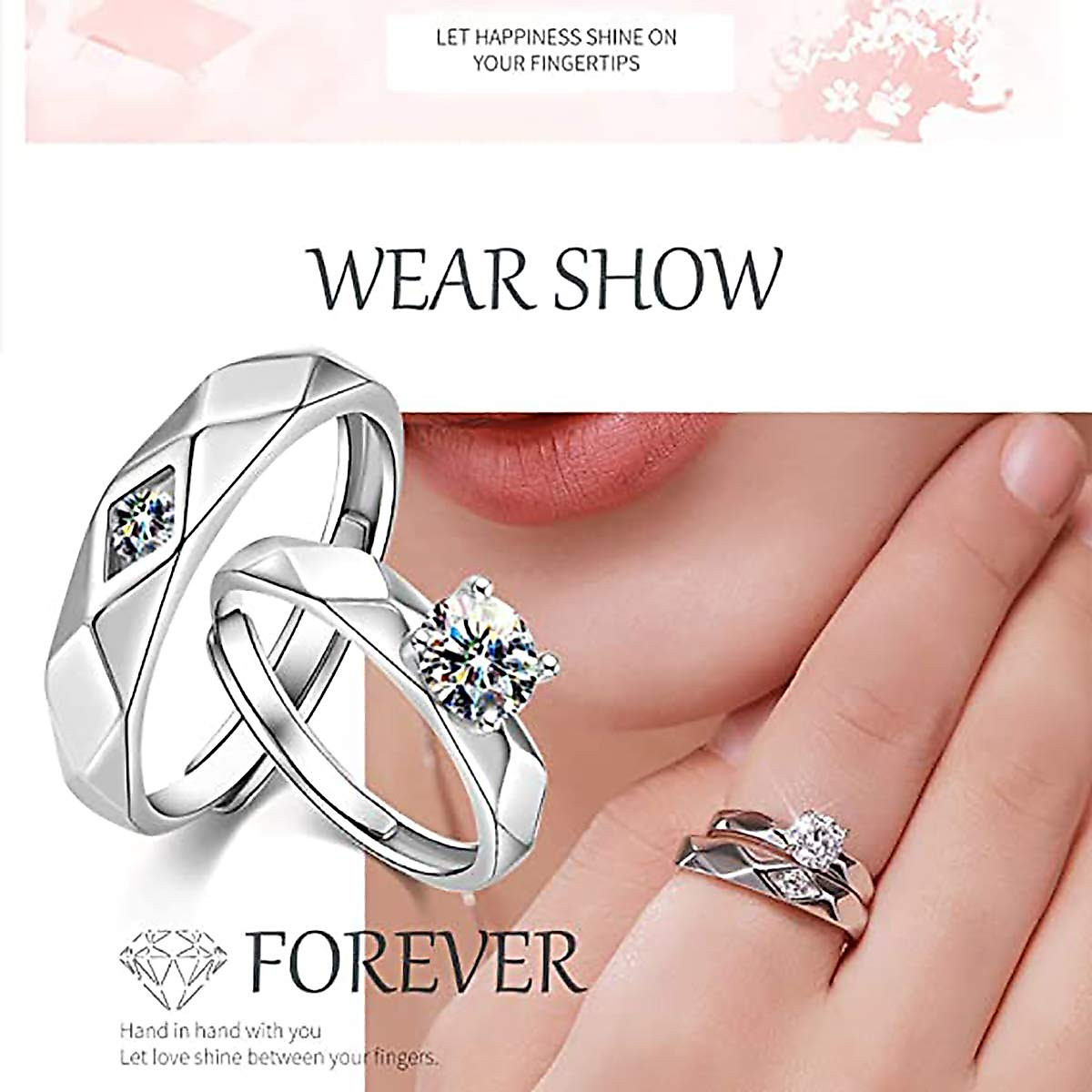 Sunamy Fashion Couple Rings for Him and Her Set,Adjustable S925 Silver CZ, Matching Promise Ring Engagement Ring Wedding Ring Anniversary Ring