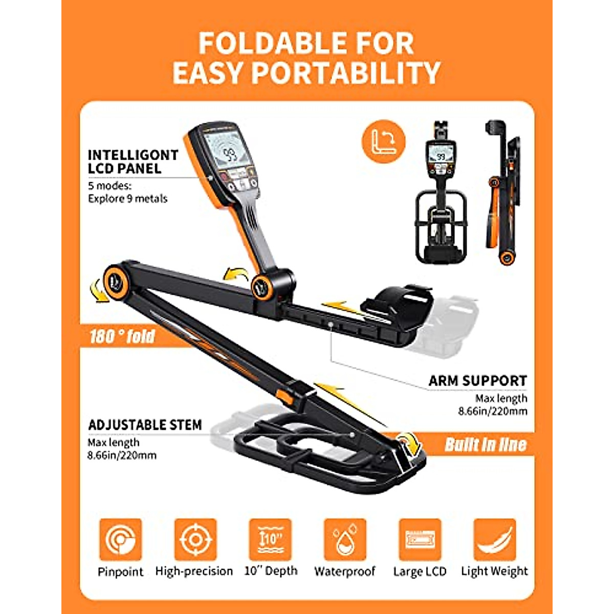 Foldable Metal Detector, Professional Waterproof Gold Silver Detector, Backlit LCD Display, High Accuracy Coil Metal Detectors for Treasure Hunting, Orange